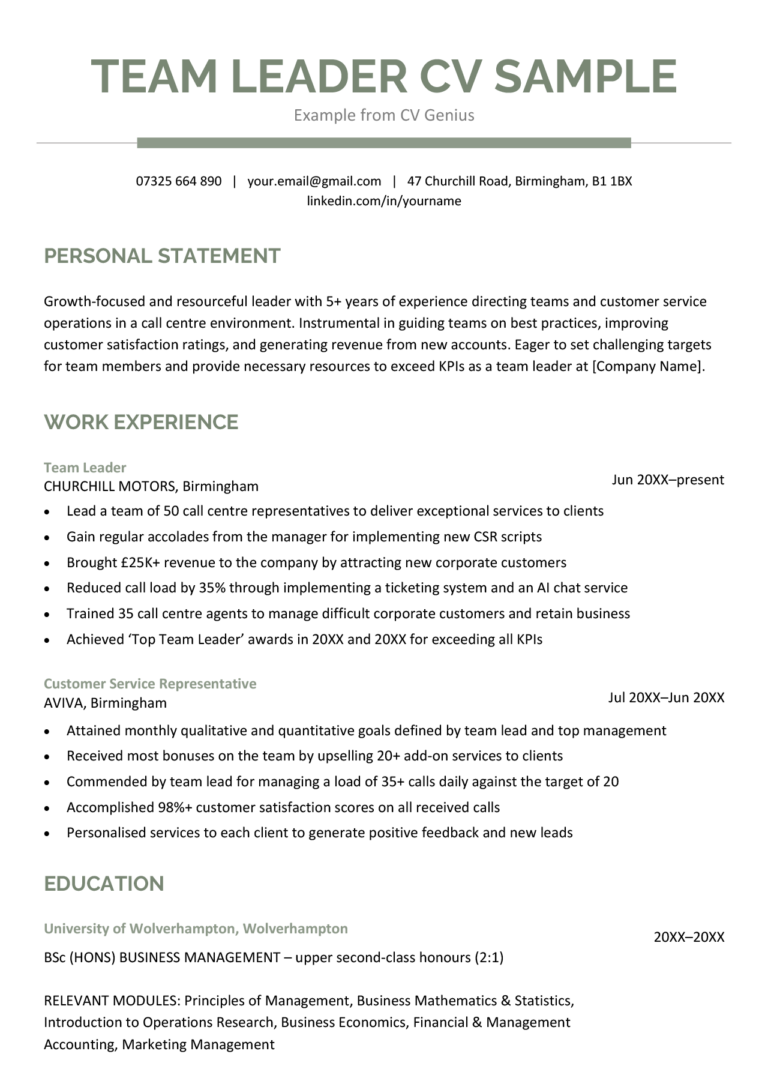 Team Leader CV Sample 11 Job Winning Skills