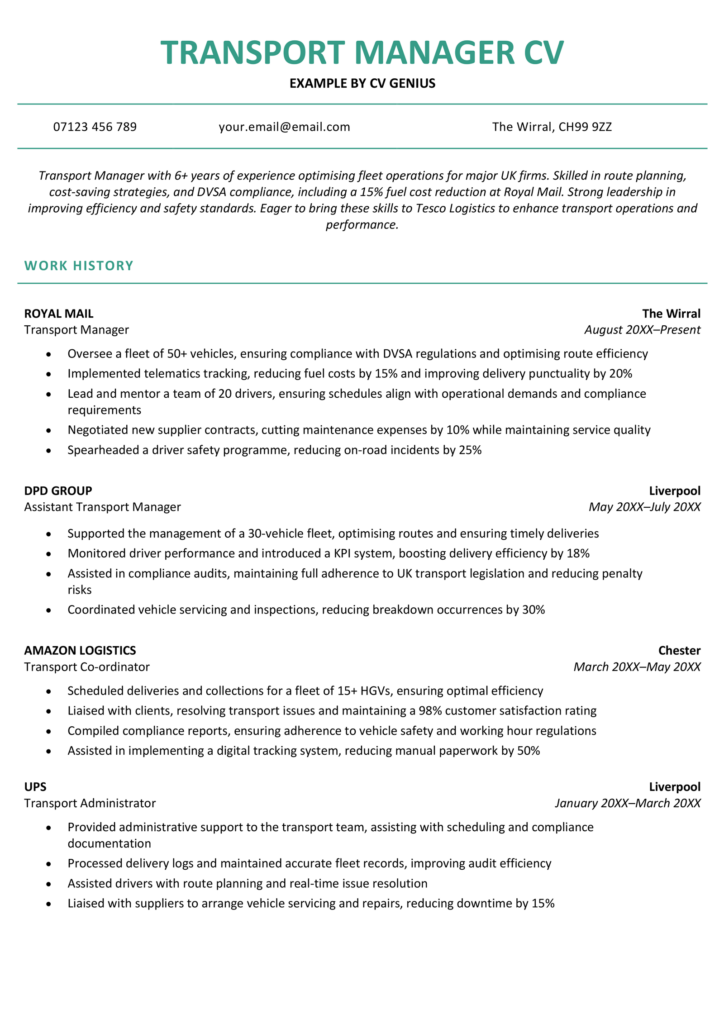 Transport Manager CV Example & Writing Tips for 2025