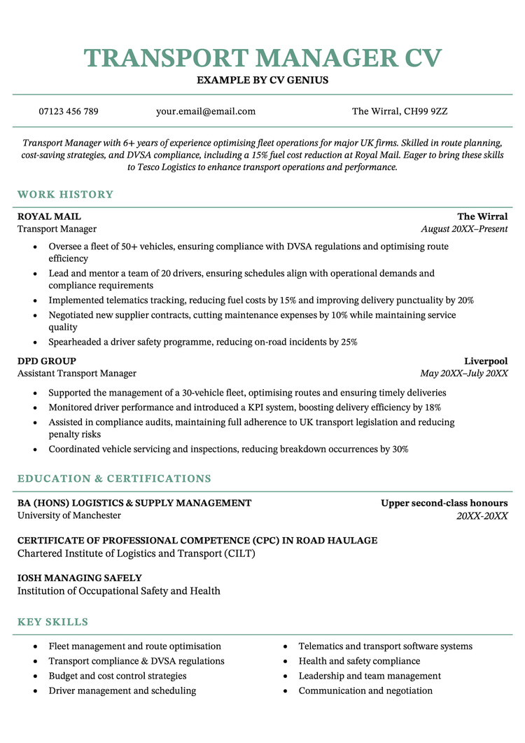 Transport Manager CV Example & Writing Tips for 2025