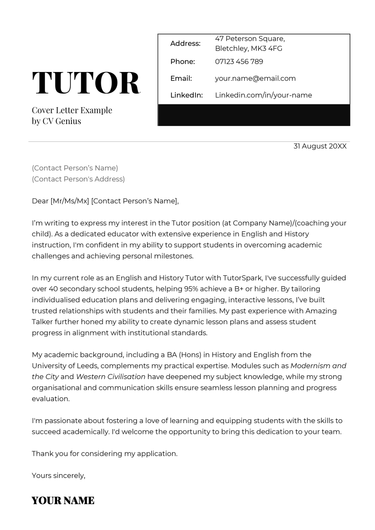 Example Cover Letter for Tutoring & Writing Tips for 2025