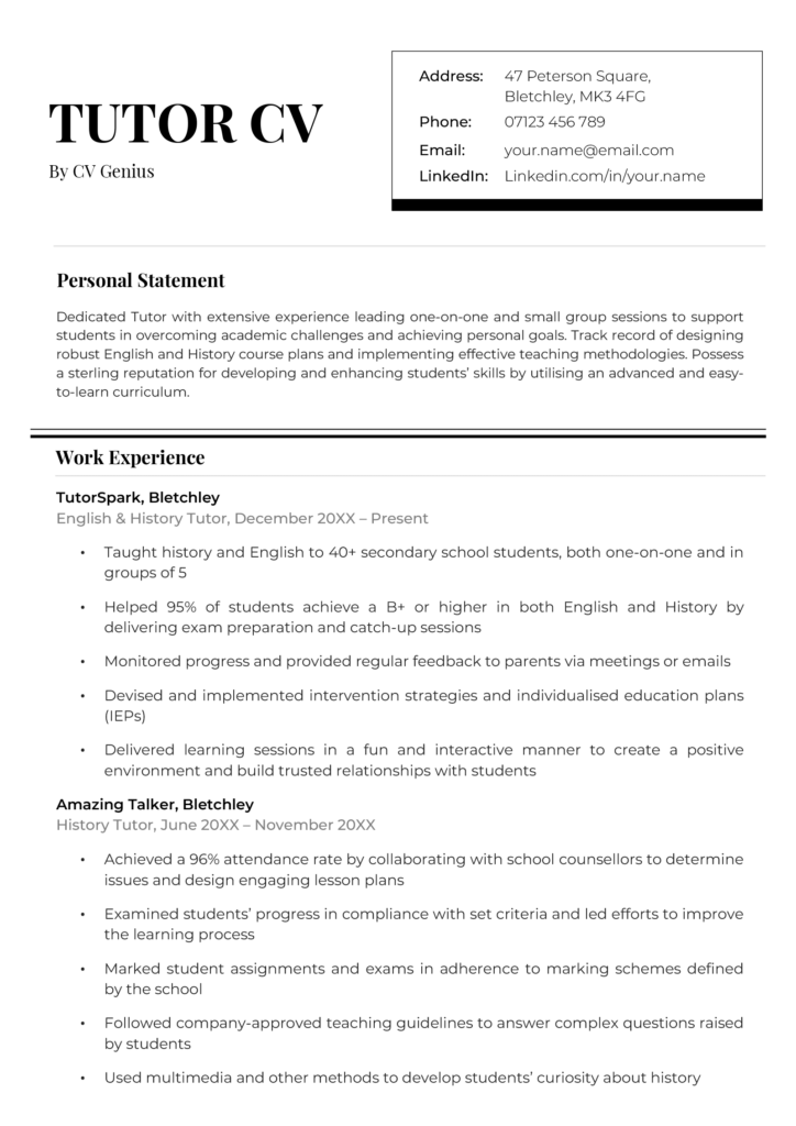Tutor CV Example Free to Download Word Template