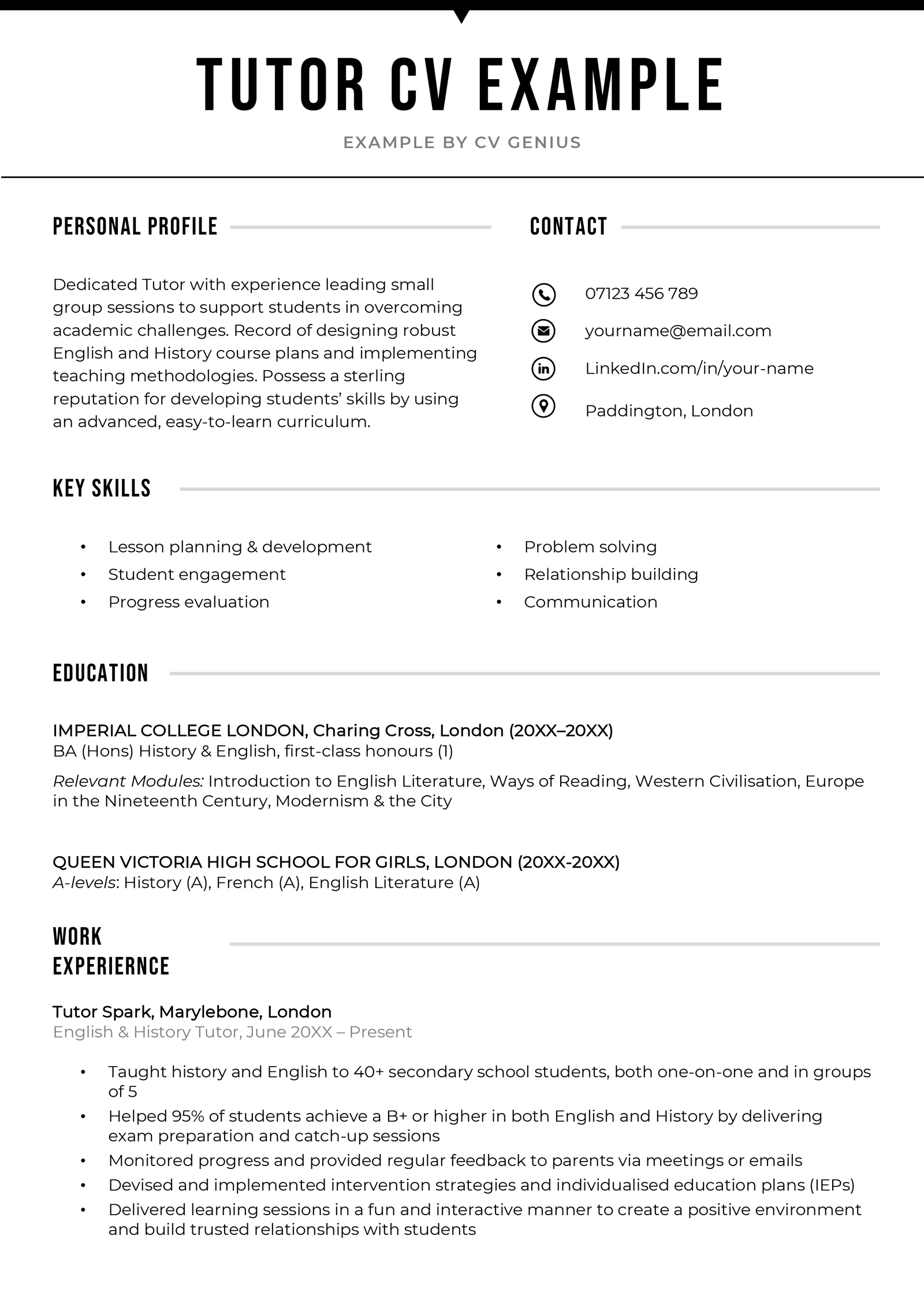 Tutor CV Example Free to Download Word Template