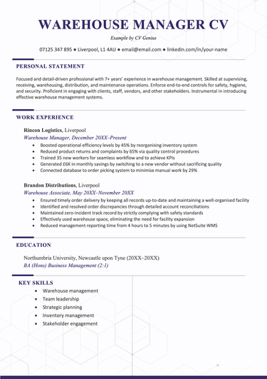 Warehouse Manager CV Examples, Template, & Writing Guide