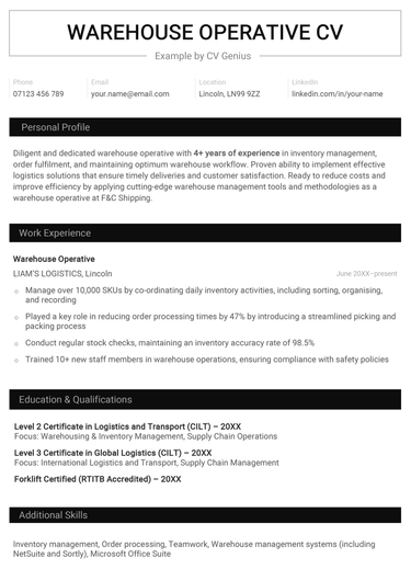 Warehouse Operative CV Examples [Free to Download]