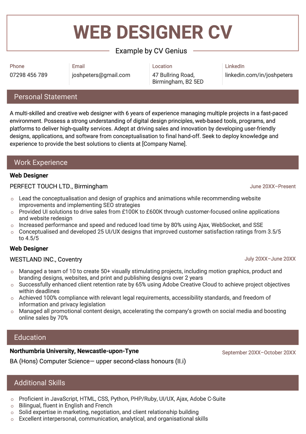 Web Designer CV Example & Template (Free Download)